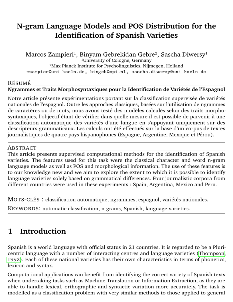 N Gram Language Models And Pos Distribution For The