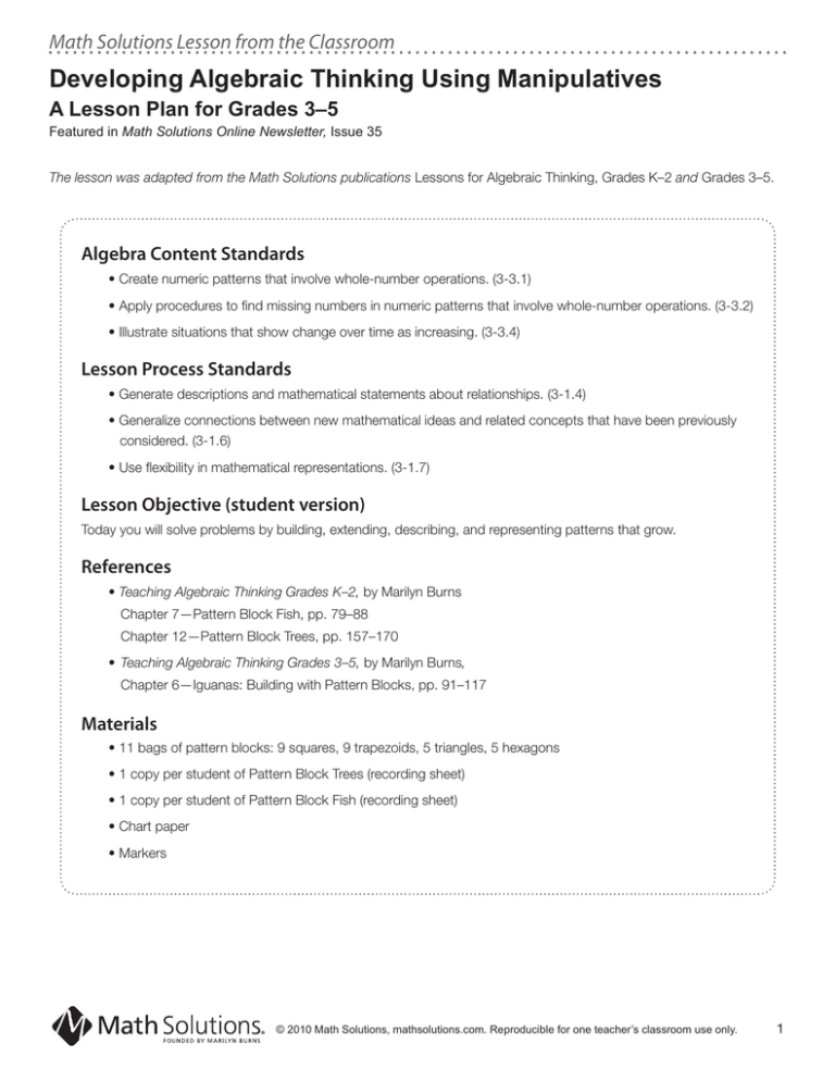 Developing Algebraic Thinking Using Manipulatives