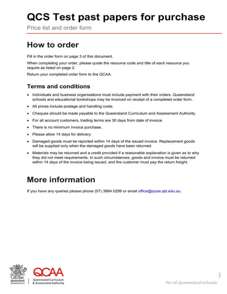 QCS Test Past Papers: Price List & Order Form | QCAA