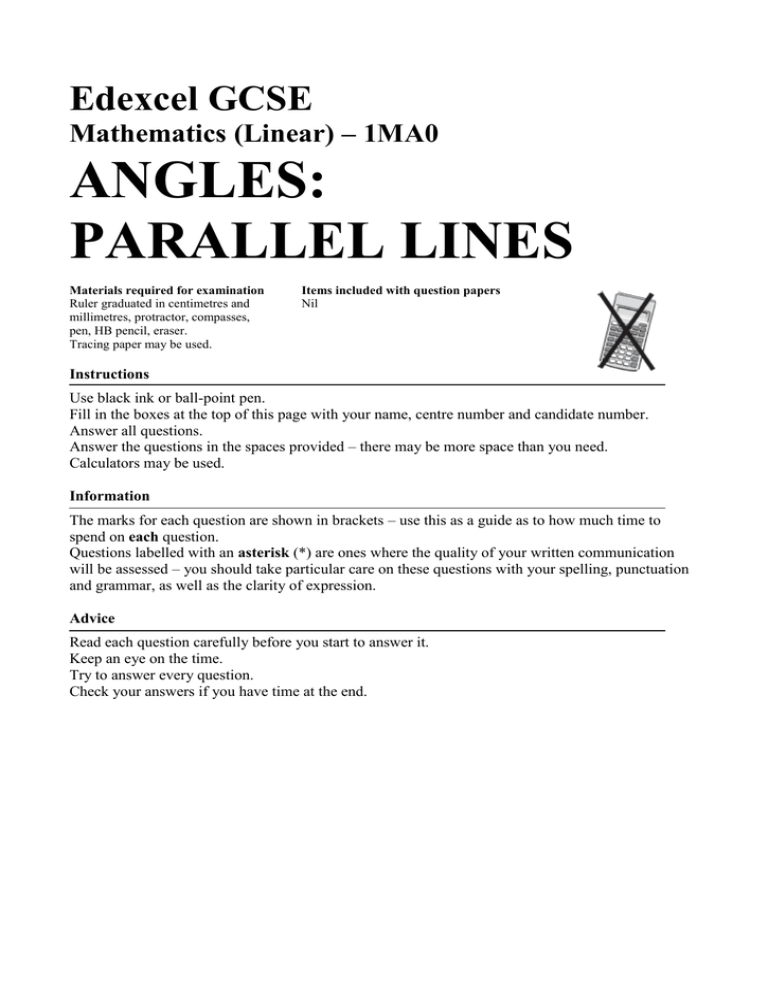 Angles And Parallel Lines Gcse Maths Worksheet