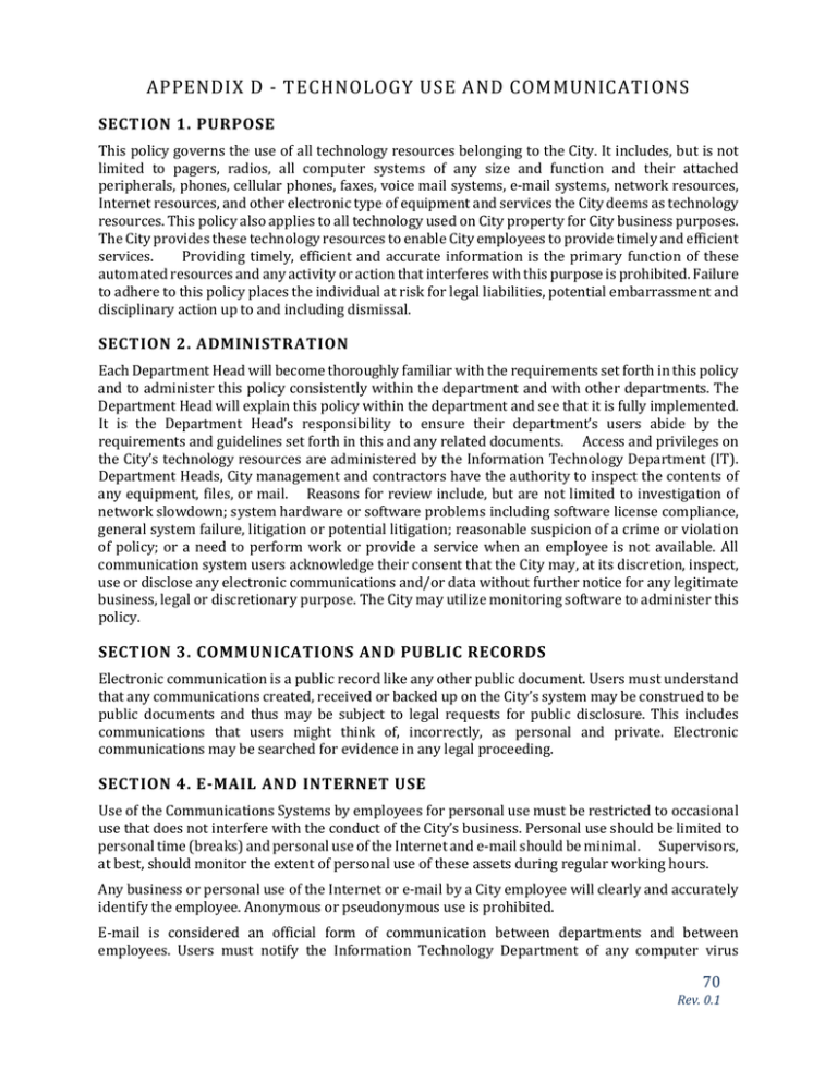APPENDIX D - TECHNOLOGY USE AND COMMUNICATIONS