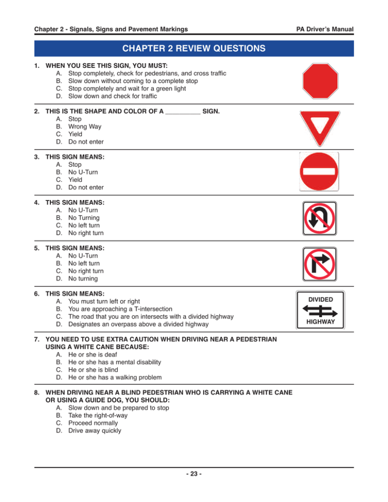 PA Driver's Manual: Chapter 2 Review - Traffic Signs & Signals