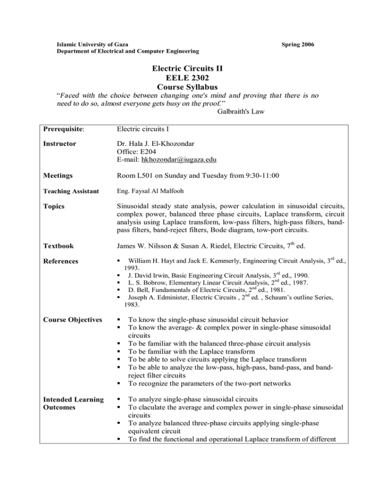 Electric Circuits II Syllabus - IUGaza, Spring 2006