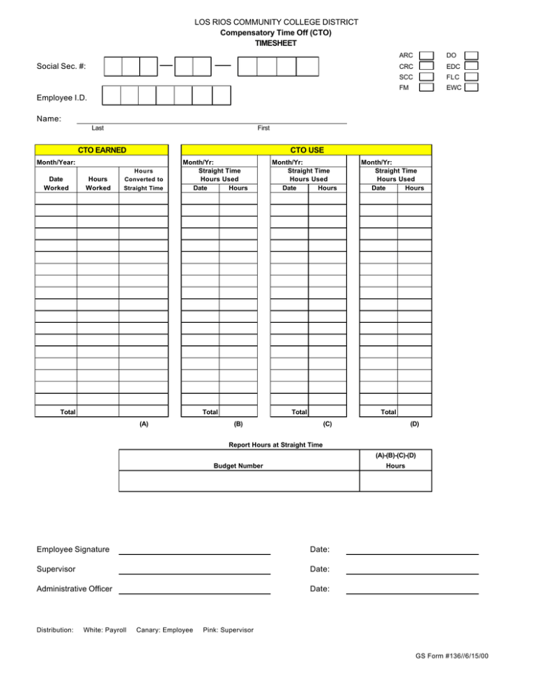 Compensatory Time Off (CTO) Timesheet - Los Rios CCD
