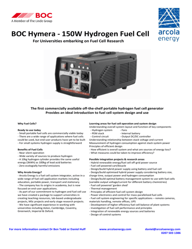 BOC Hymera 150W Hydrogen Fuel Cell Datasheet