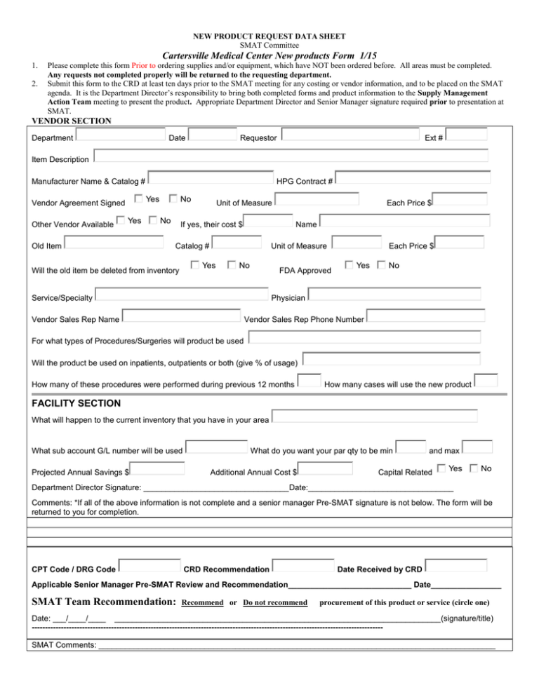New Product Request Form - Cartersville Medical Center