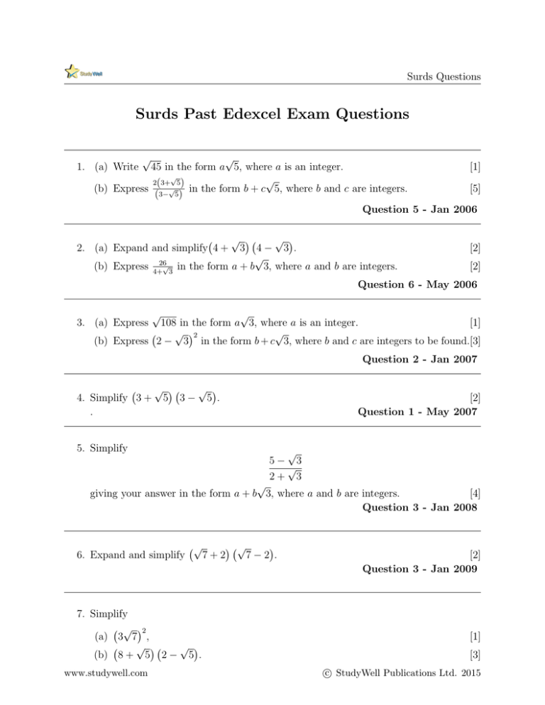 Surds Exam Questions: Edexcel Past Papers
