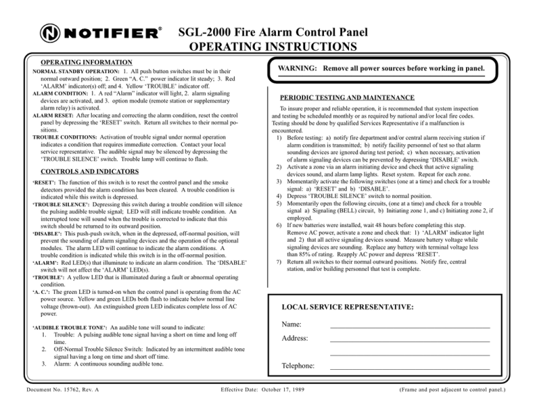 SGL-2000 Fire Alarm Control Panel Operating Instructions