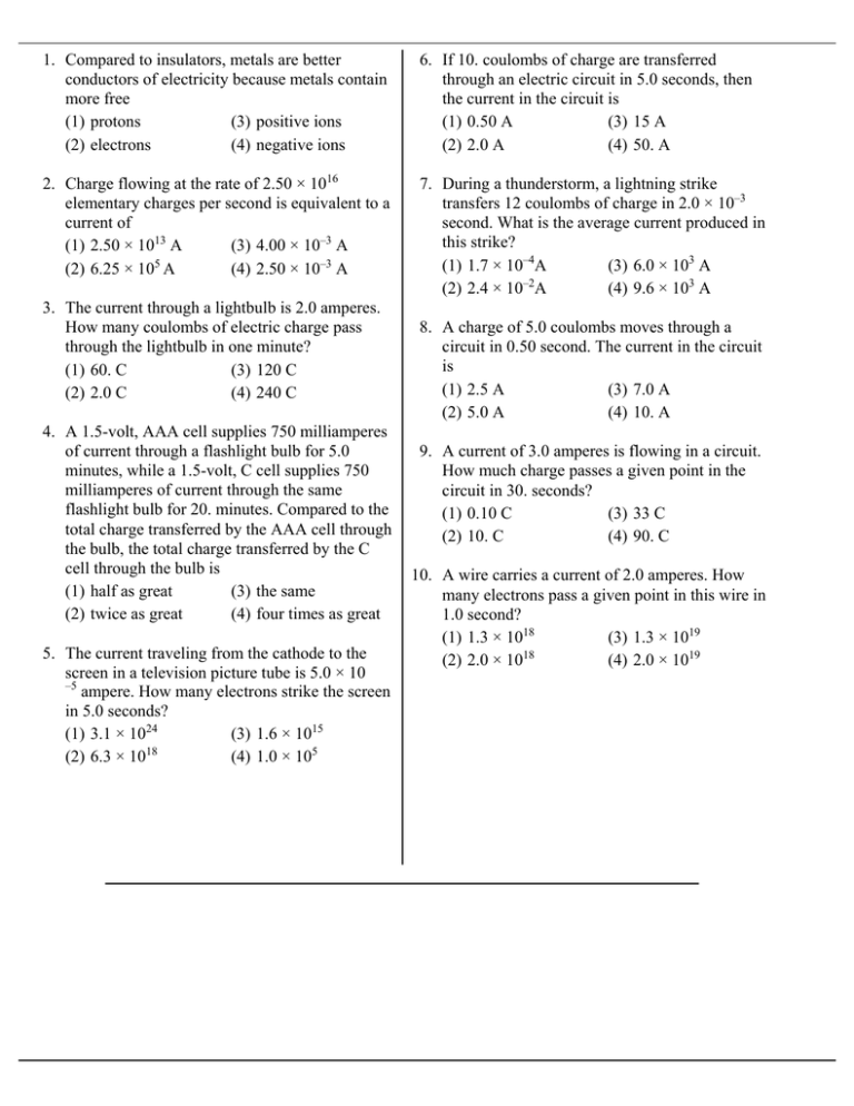 Electricity Worksheet: Current, Charge, and Conductors