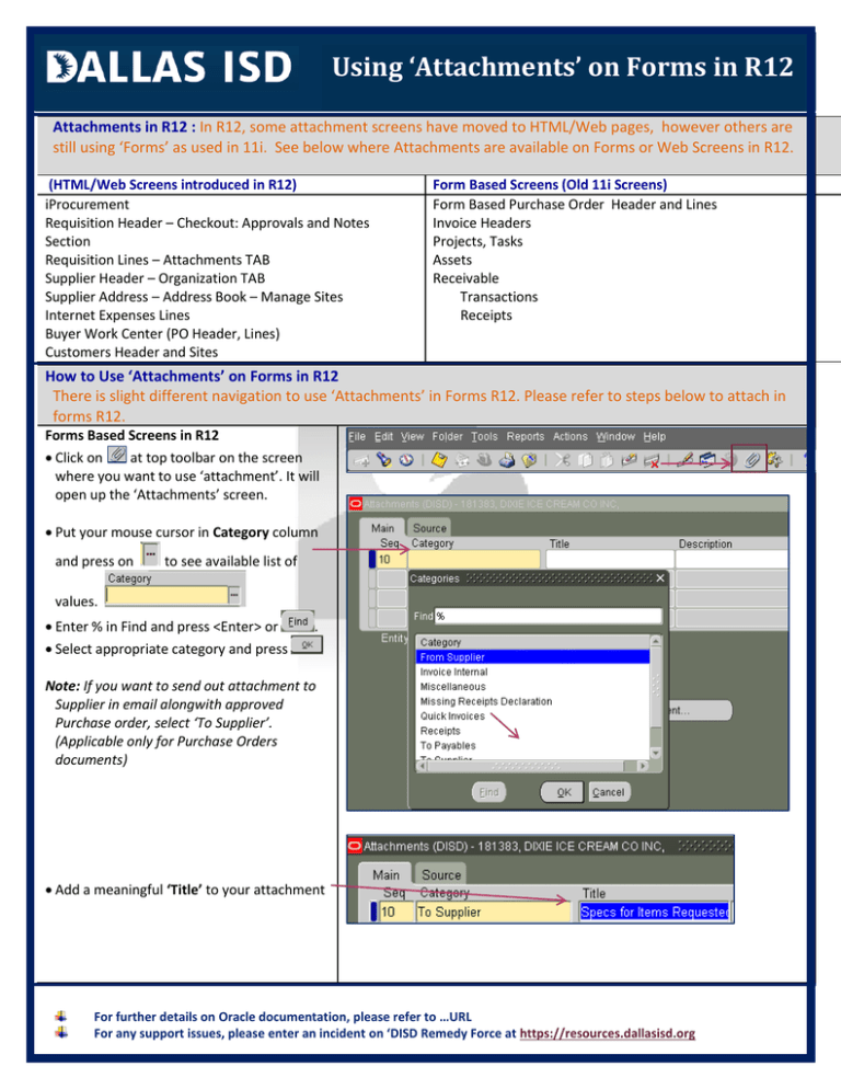 Oracle R12 Forms Attachments Guide for Dallas ISD