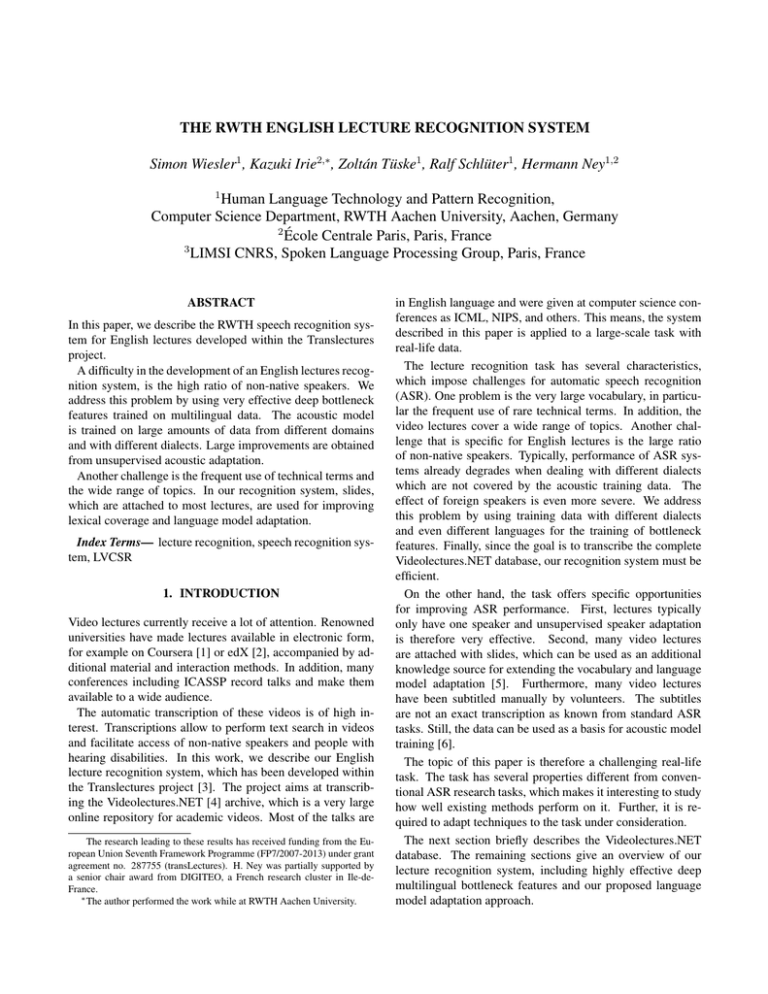 The RWTH English lecture recognition system