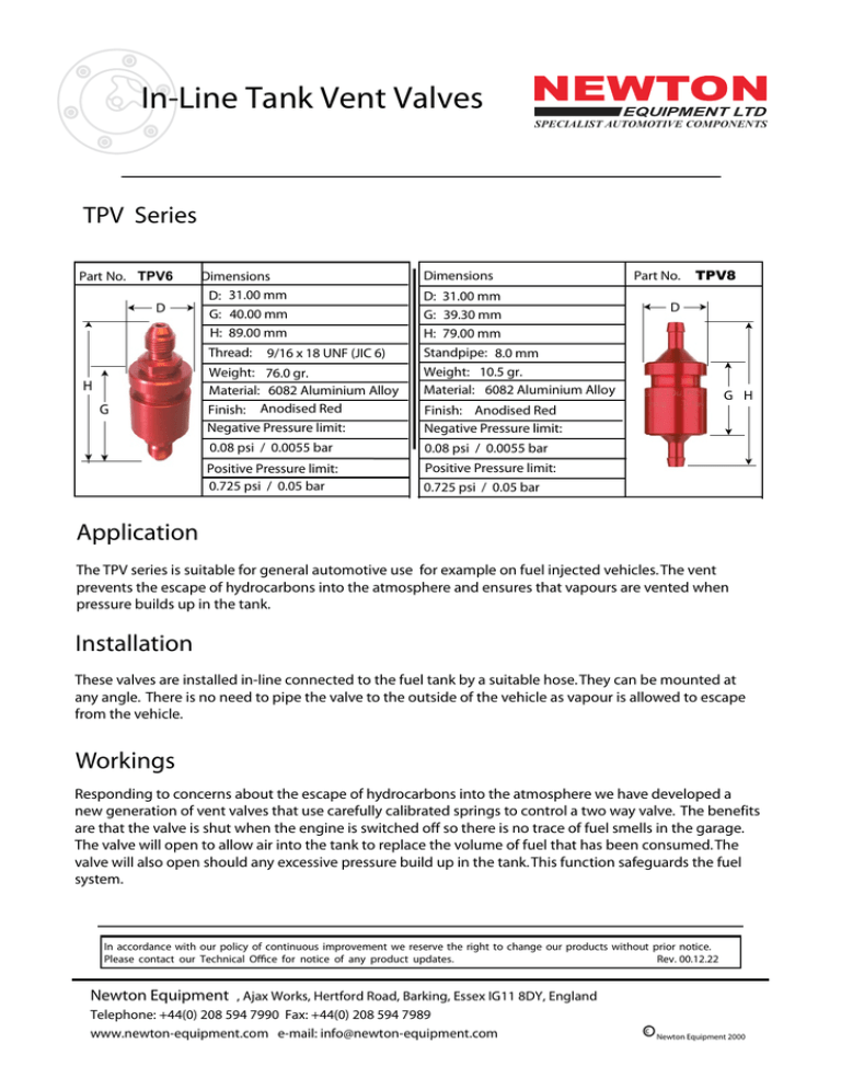 In-Line Tank Vent Valves - TPV Series Datasheet