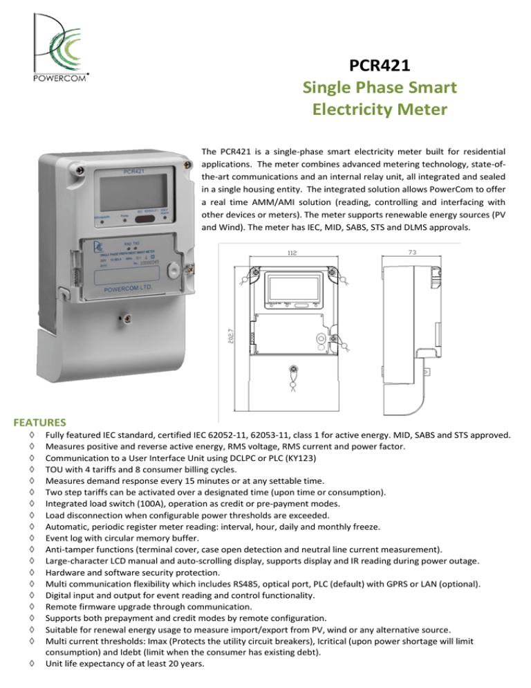 PCR421 Smart Electricity Meter Datasheet | PowerCom