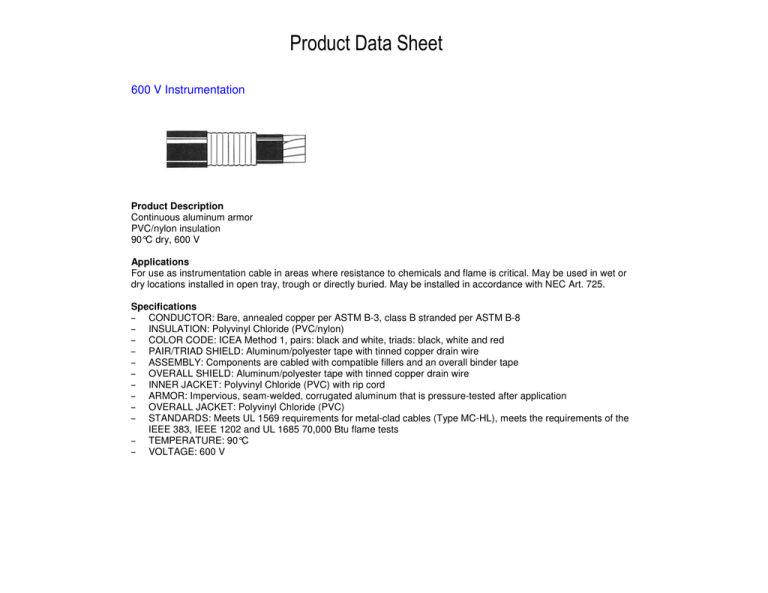 600V Instrumentation Cable Data Sheet