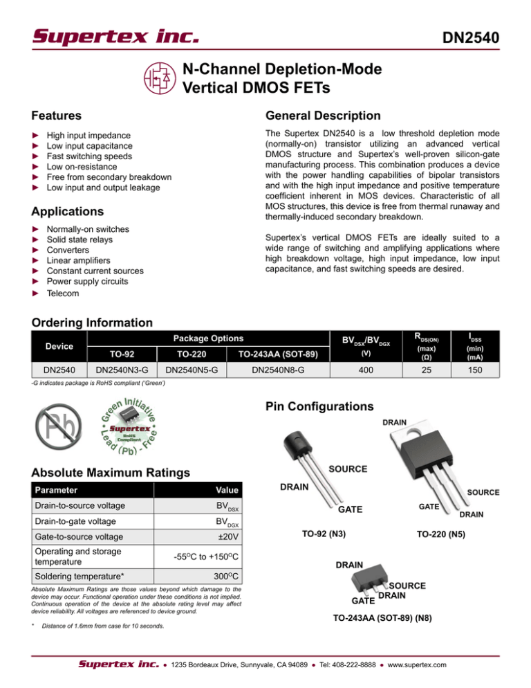 DN2540 N-Channel Depletion-Mode DMOS FET Datasheet