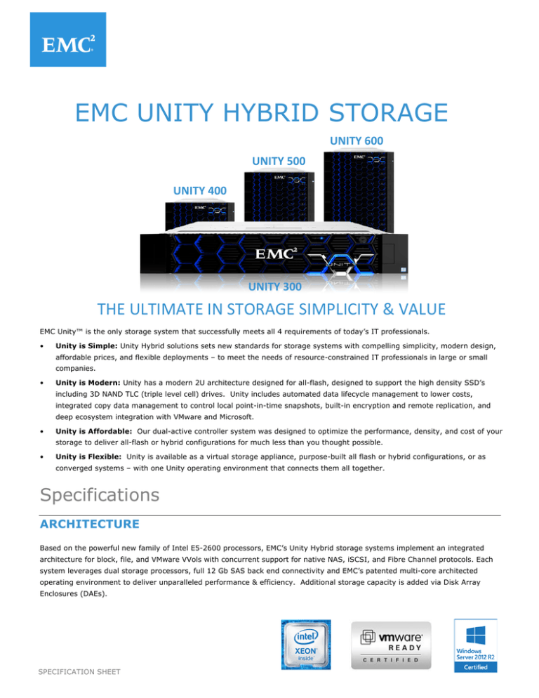 EMC Unity Hybrid Storage Specs: Models 300, 400, 500, 600