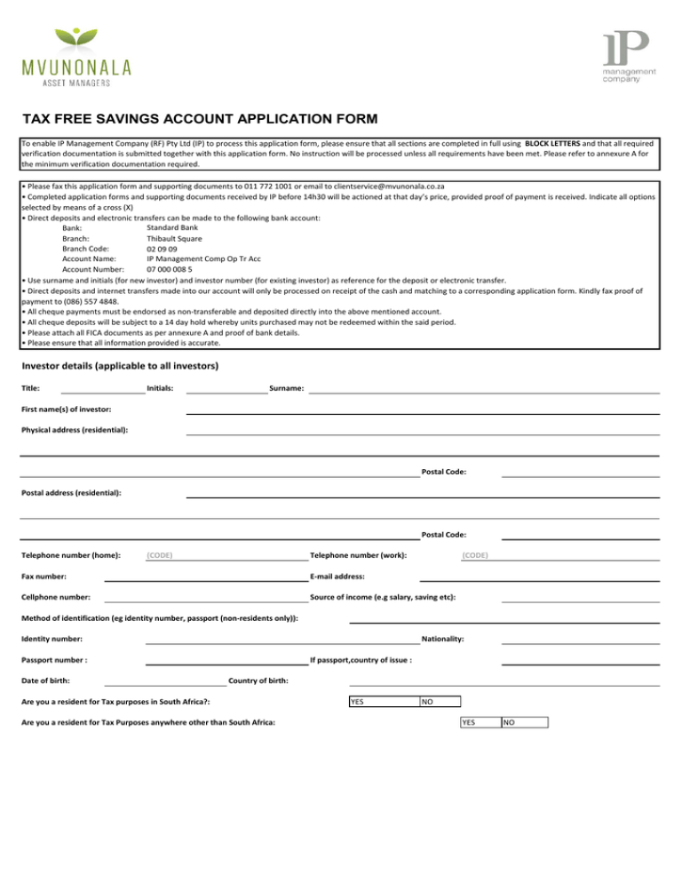 tax free savings account application form