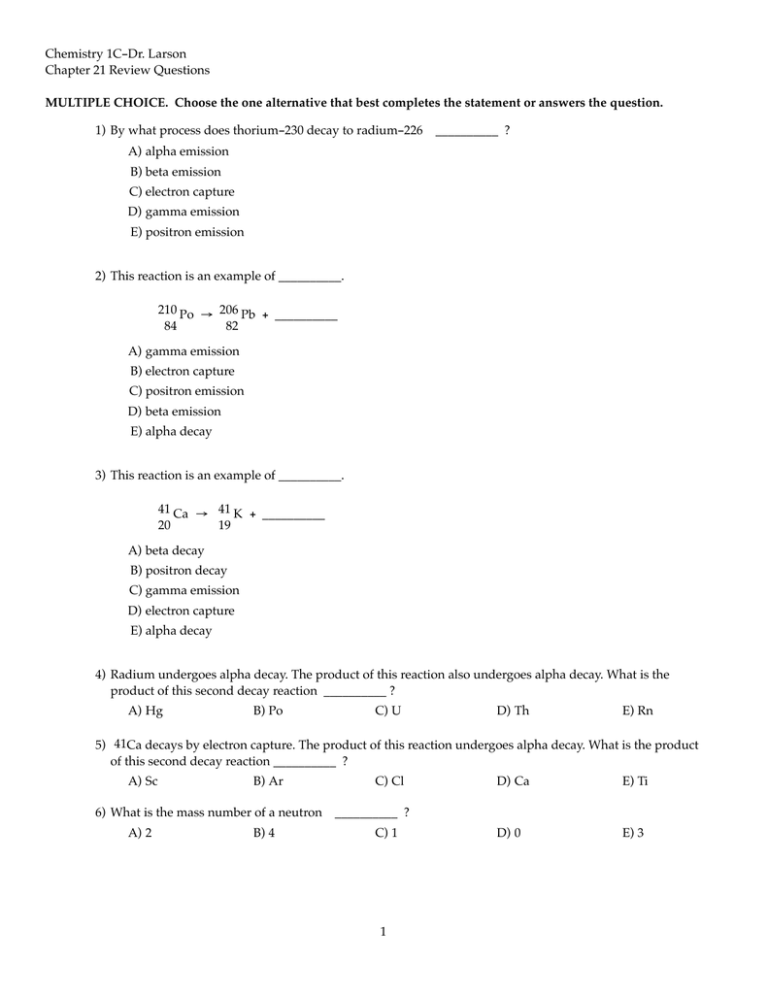 Chemistry Review Questions: Nuclear Chemistry