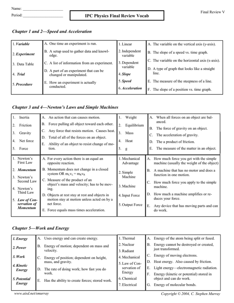 IPC Physics Final Exam Review: Vocab & Concepts