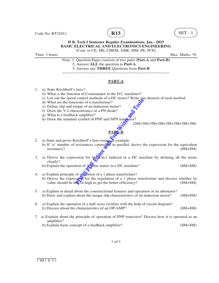 Basic Electrical & Electronics Engineering Exam Paper