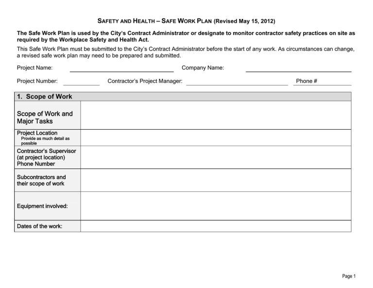 Contractor Safe Work Plan