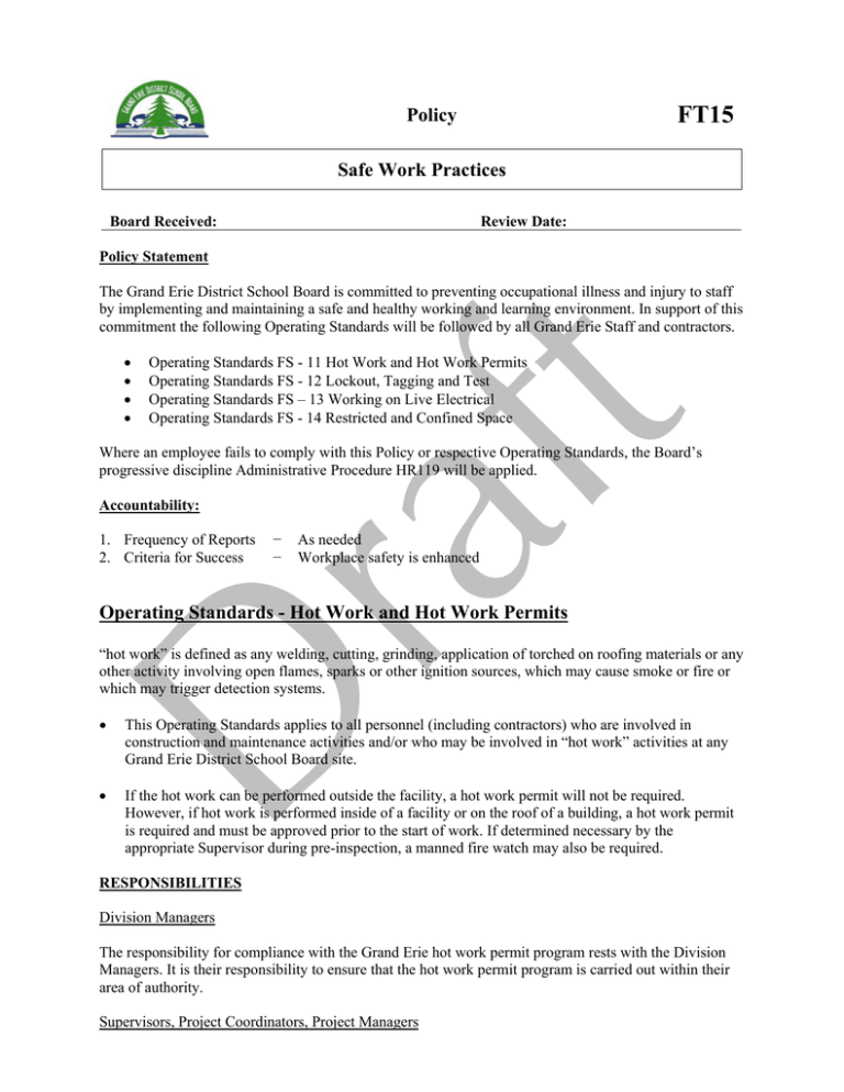 Policy Safe Work Practices Operating Standards