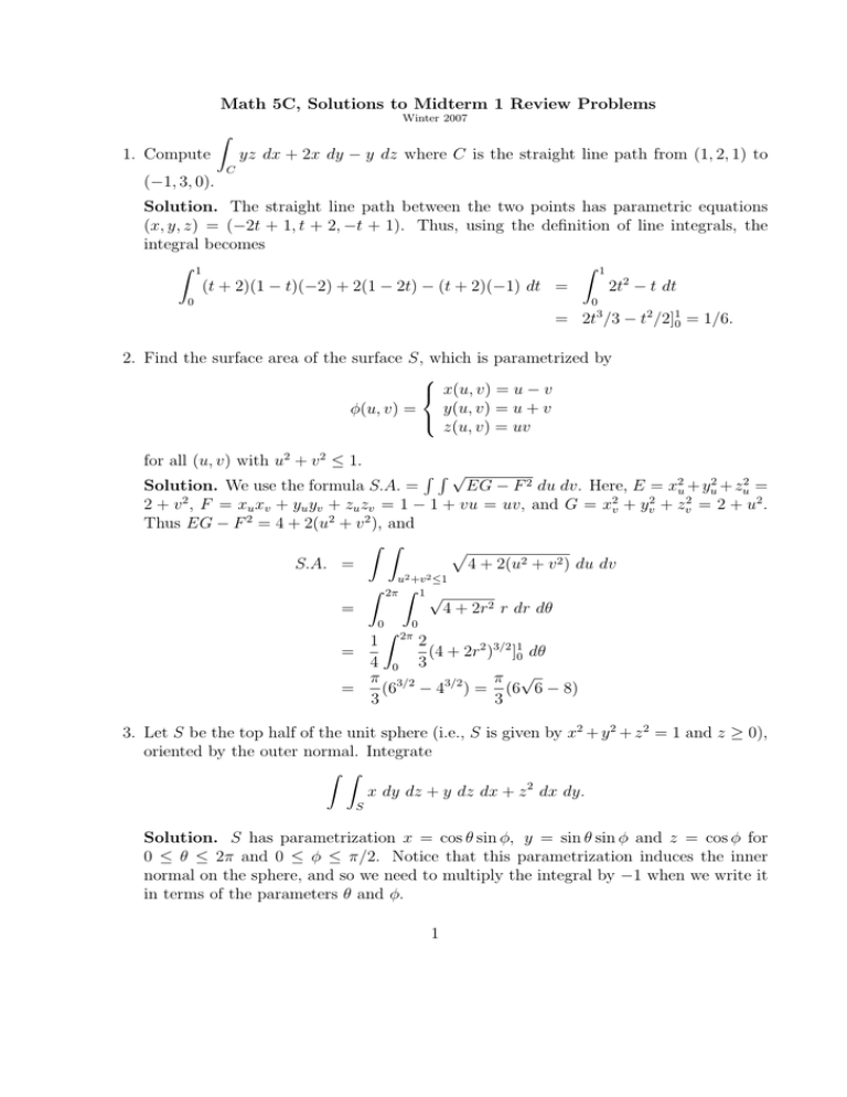 Math 5C Midterm 1 Review Solutions - Calculus Problems