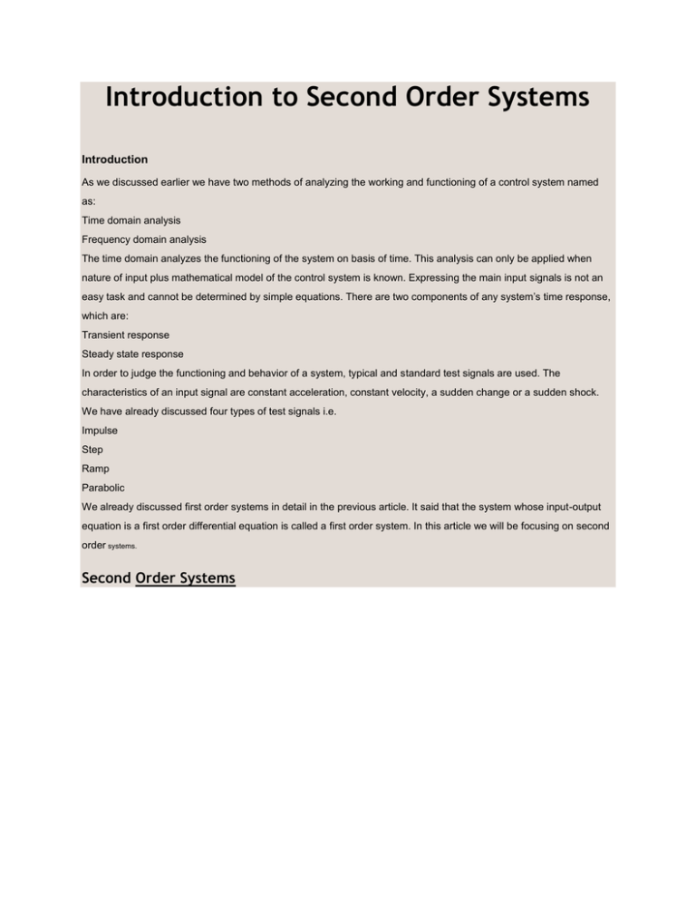 Introduction to Second Order Systems