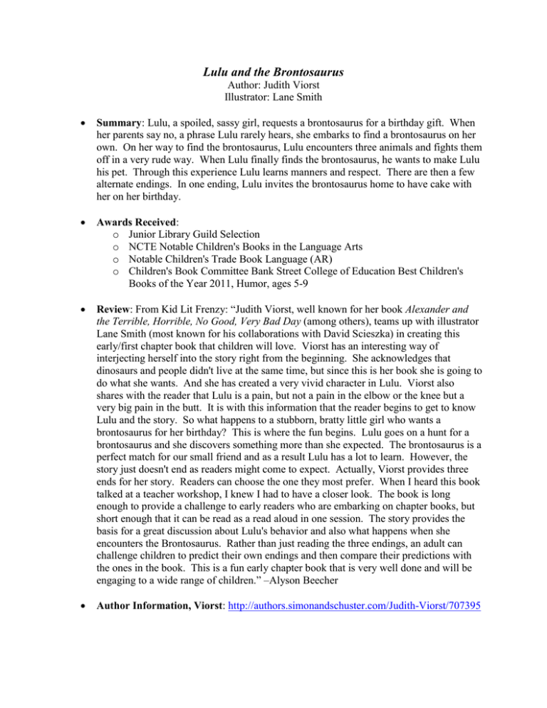 Lulu and the Brontosaurus Lesson Plan & Activities