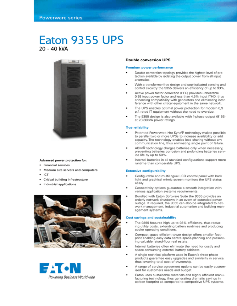 Eaton 9355 UPS: 20-40 kVA Double Conversion Datasheet