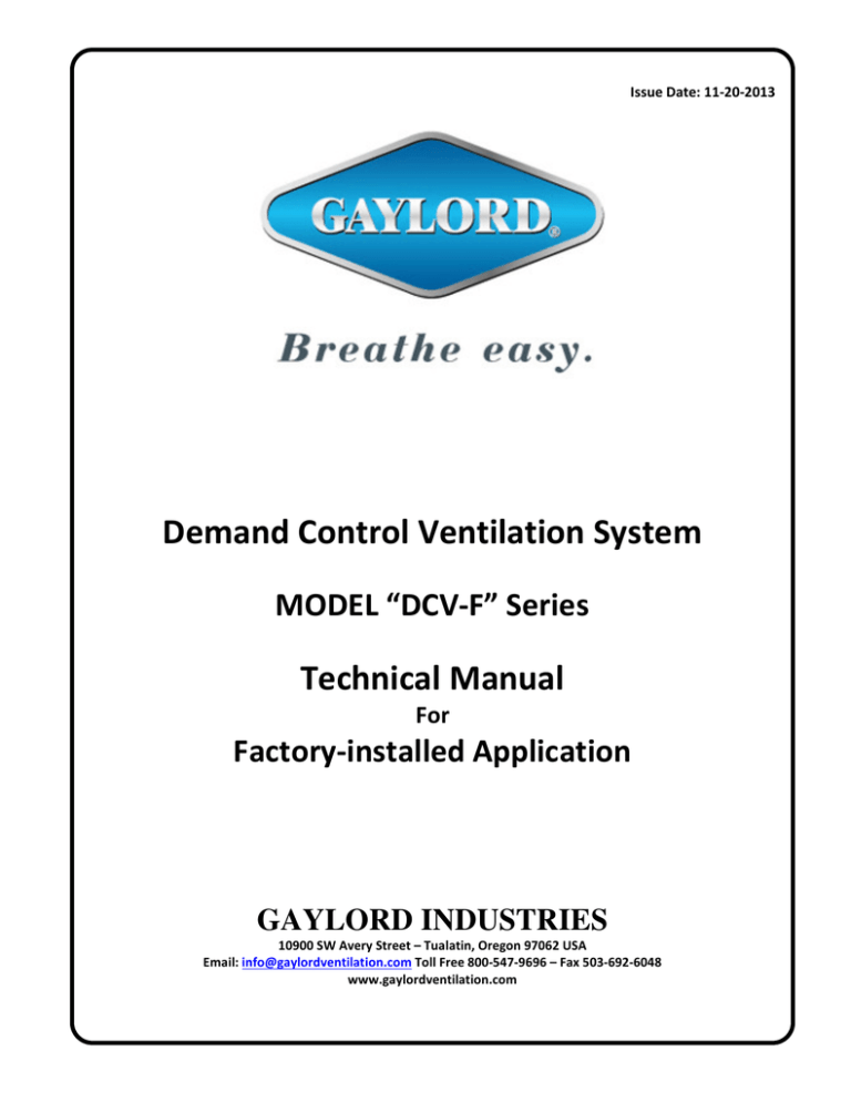 Gaylord DCV-F Ventilation System Technical Manual