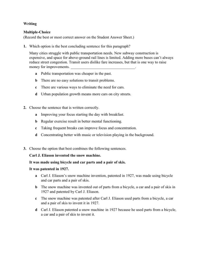 Writing & Reading Comprehension Test - High School