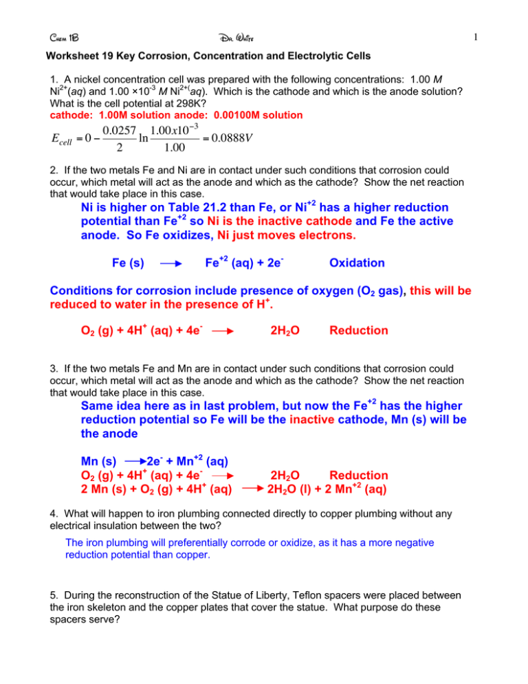Corrosion, Concentration & Electrolytic Cells Worksheet Key
