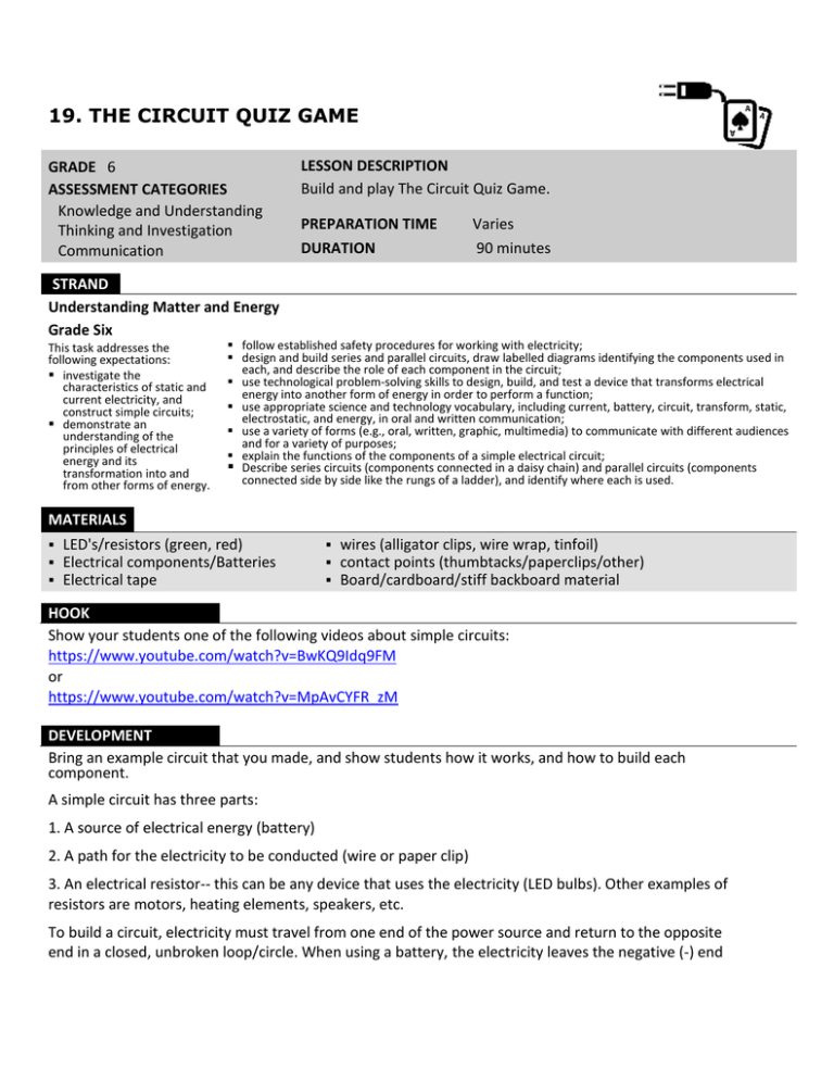 Circuit Quiz Game: Grade 6 Electricity Lesson Plan