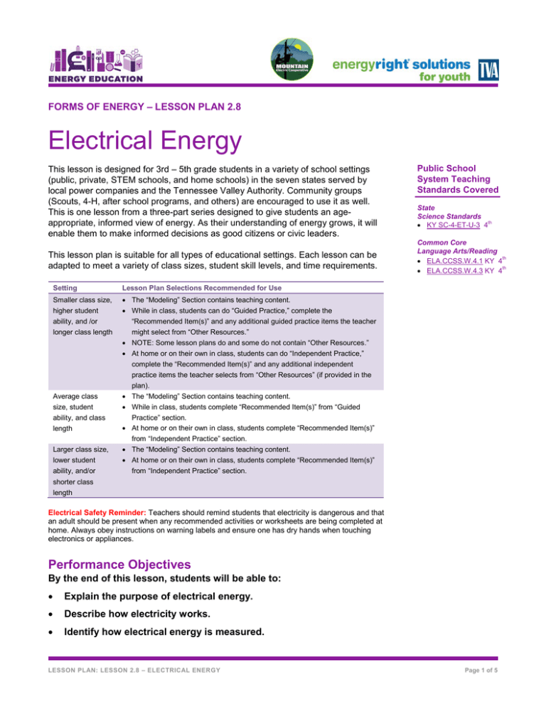 Electrical Energy Lesson Plan for Grades 3-5
