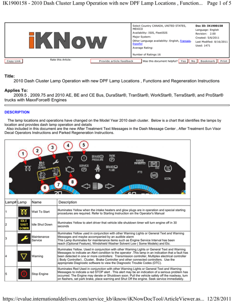 2010 International Truck Dash Lamp & DPF Regeneration Guide