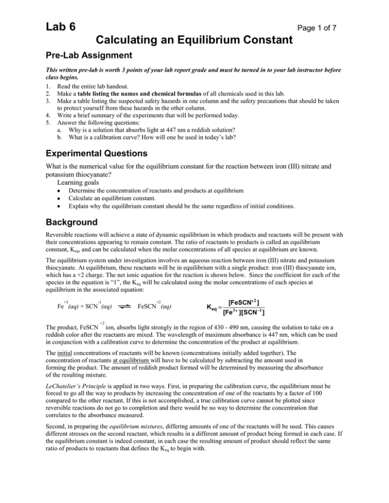 Equilibrium Constant Lab: Calculating Keq