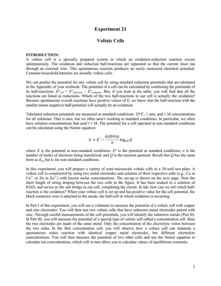 Voltaic Cells Lab Experiment: Electrochemistry & Nernst Equation