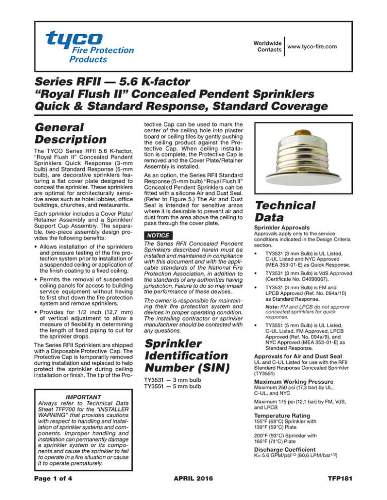 TYCO RFII Sprinklers: Technical Data, Installation & Specs
