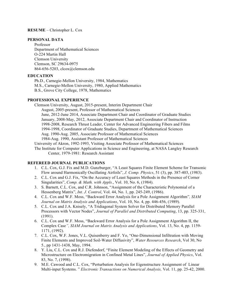 RESUME – Christopher L. Cox PERSONAL DATA Professor