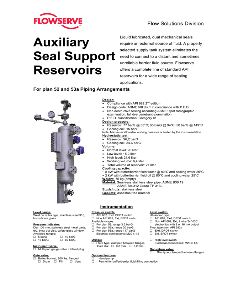 Flowserve Seal Support Reservoirs: API Plans 52 & 53a
