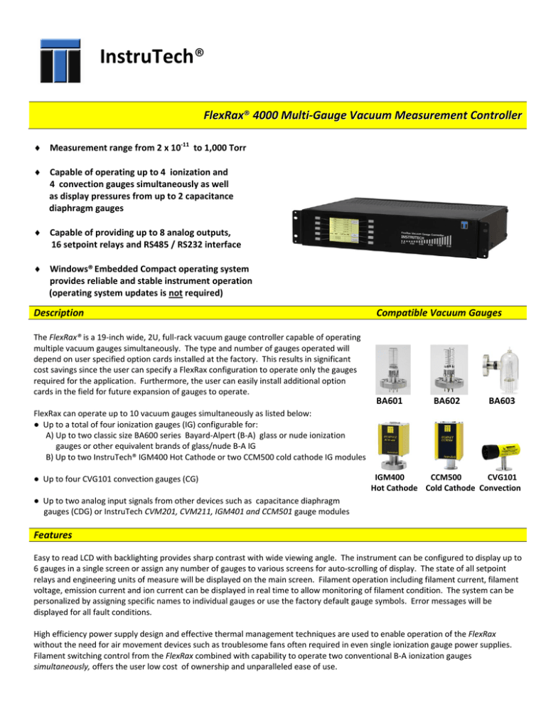 InstruTech FlexRax 4000 Vacuum Gauge Controller Datasheet