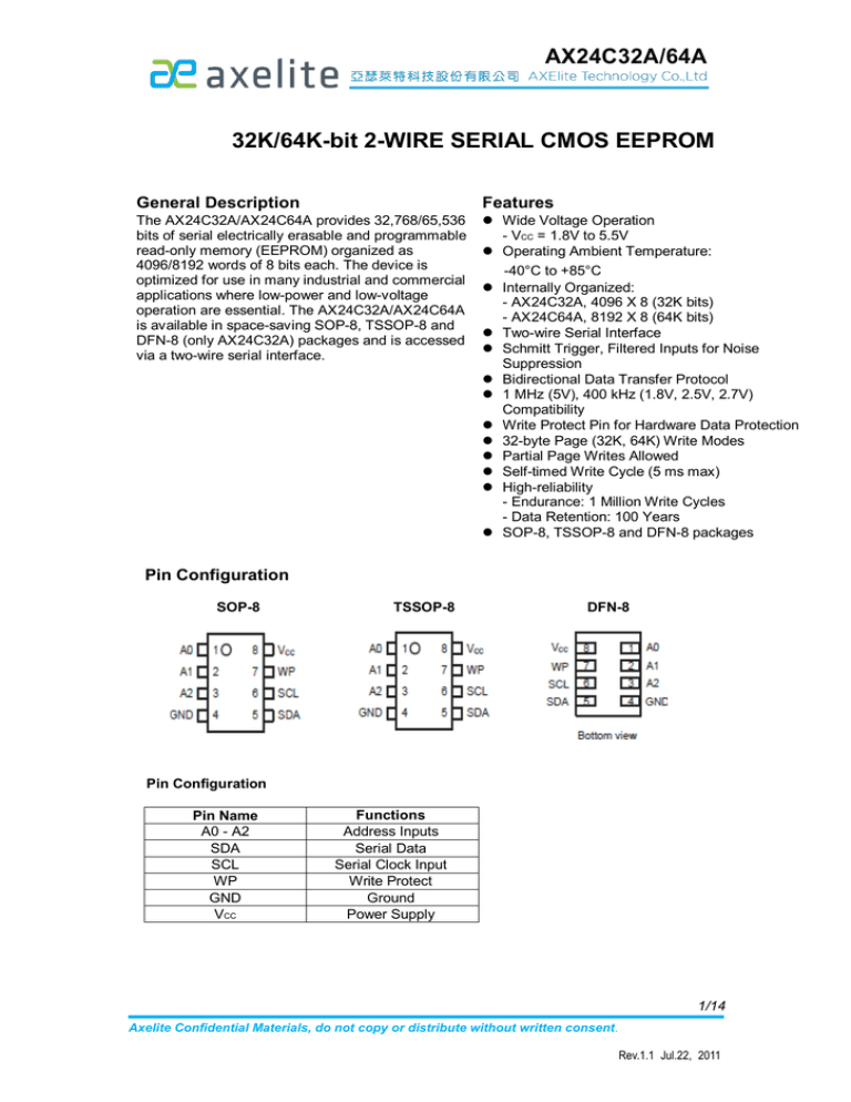 32K/64K-bit 2-WIRE SERIAL CMOS EEPROM AX24C32A/64A