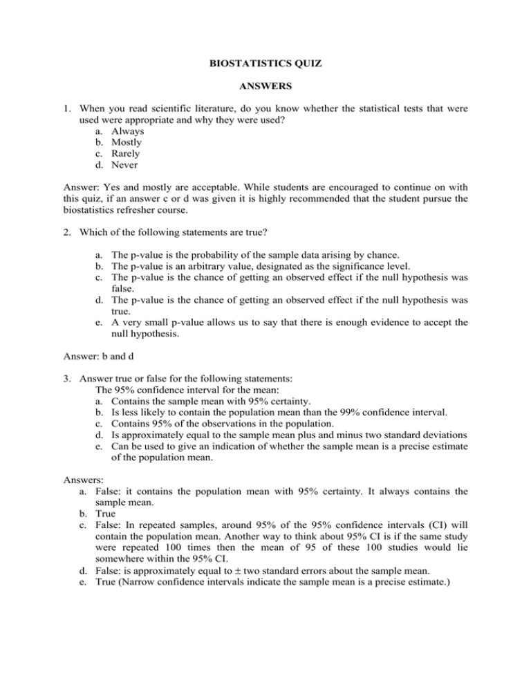 BIOSTATISTICS QUIZ ANSWERS
