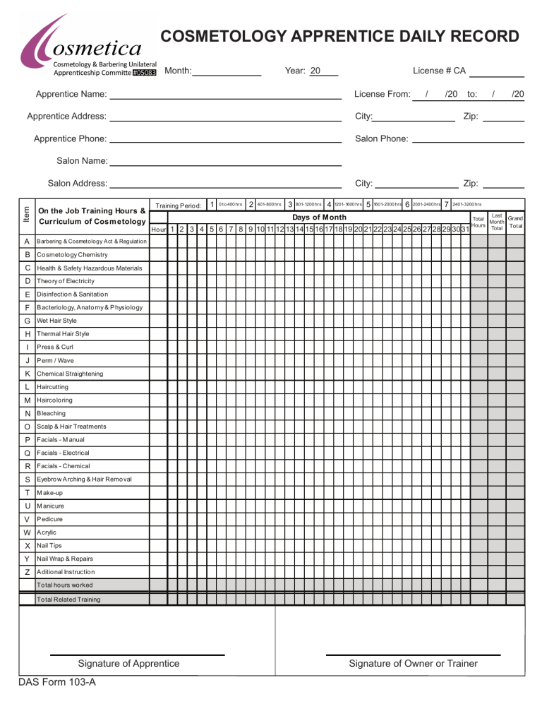 Cosmetology Apprentice Daily Record Form