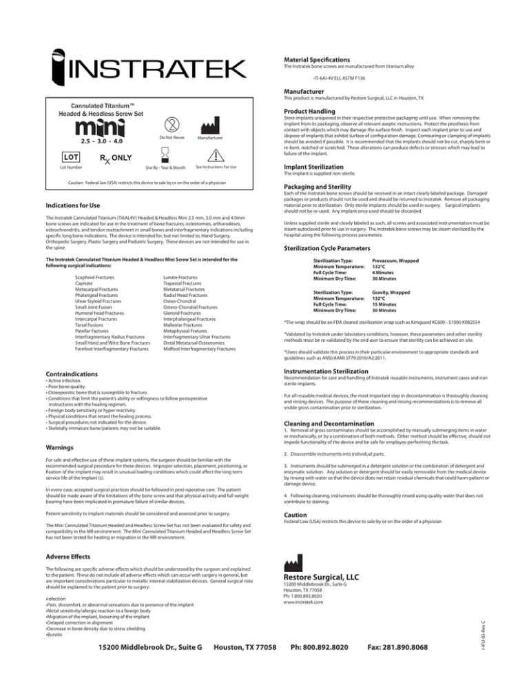 Instratek Bone Screw Instructions: Cannulated Titanium Mini Set