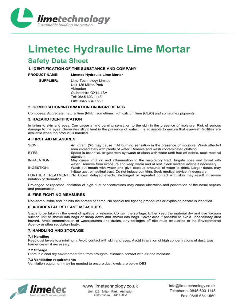Limetec Hydraulic Lime Mortar Safety Data Sheet