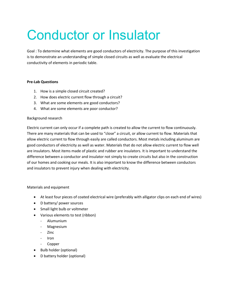 experiment periodic table - Conductor or Insulator