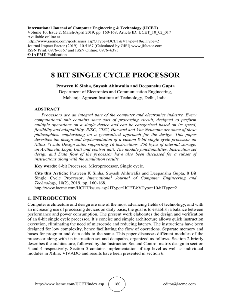 8 BIT SINGLE CYCLE PROCESSOR
