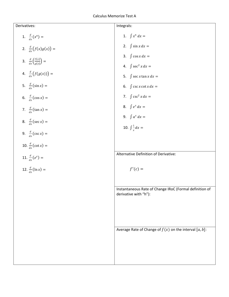 Calculus Memorize Test
